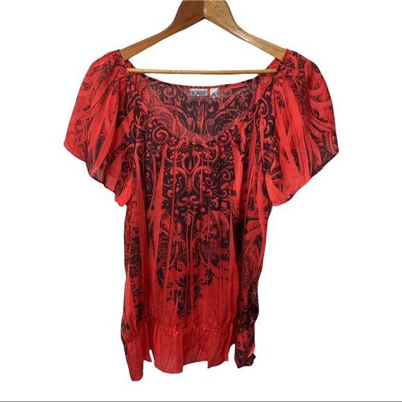 Cato | Tops | Catos Moody Red Black Graphic Design Pleated Flowy Short ...